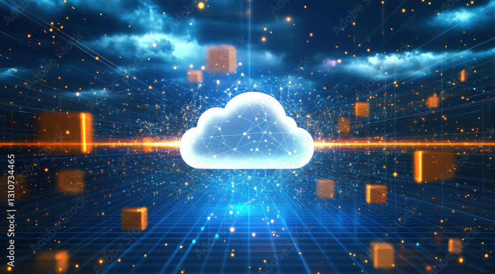 Cloud Computing: A futuristic cloud-shaped object illuminated against a ...