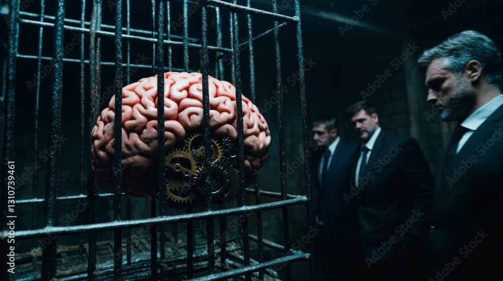 Trapped Mind Human Brain in Cage Gears Mystery Men in Suits Stock ...