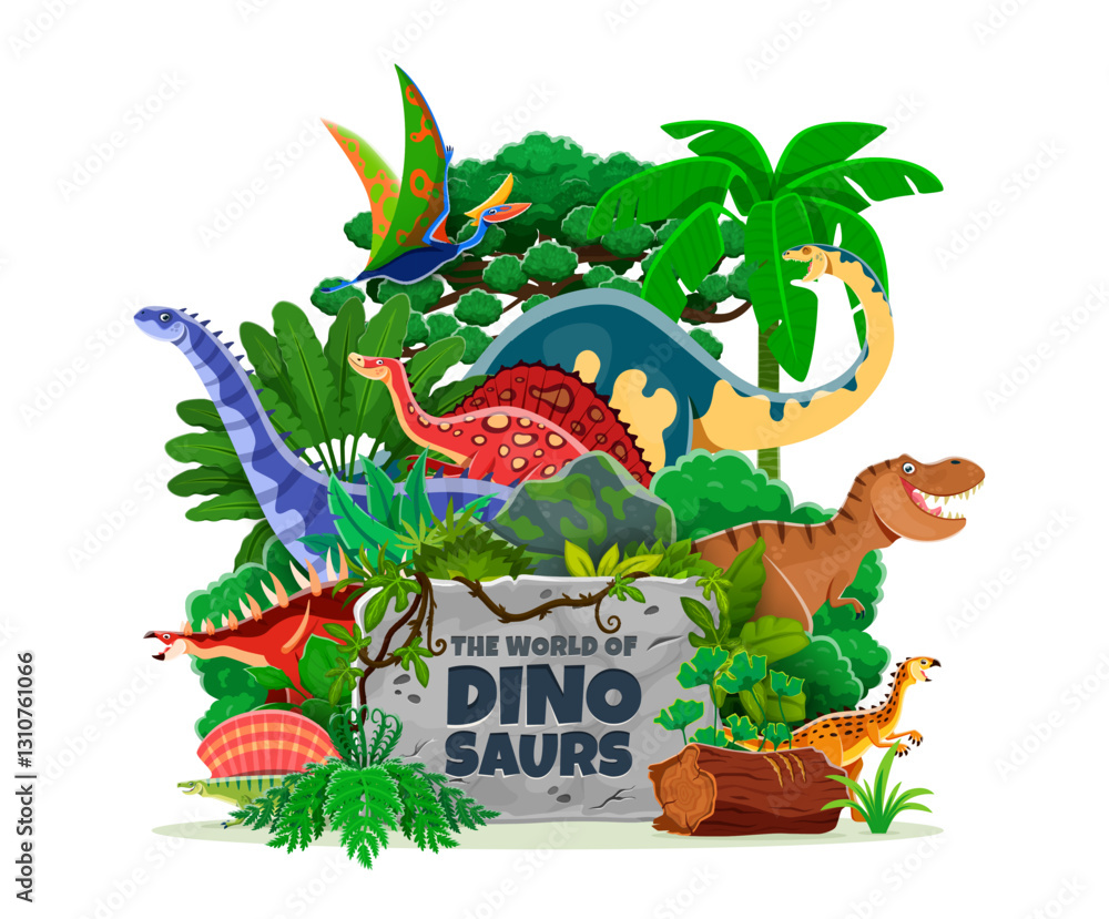 Prehistoric jurassic dinosaurs park vector poster. Cartoon funny ...
