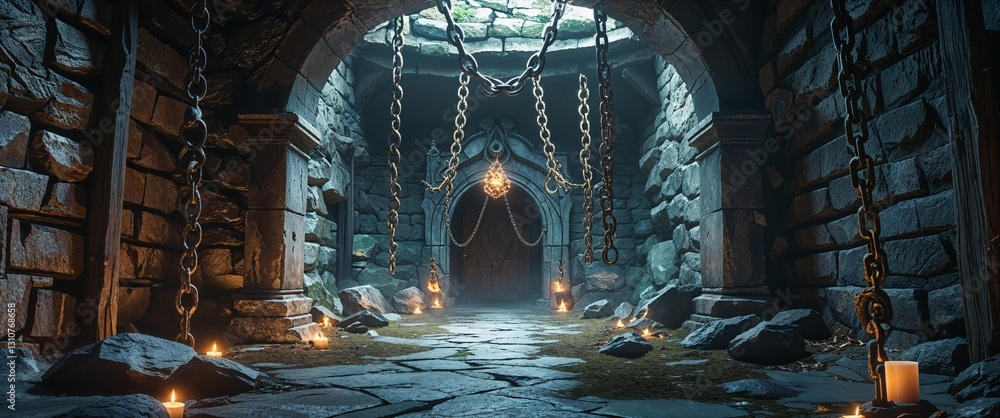 Forgotten dungeon where magical chains hover in midair still locked ...
