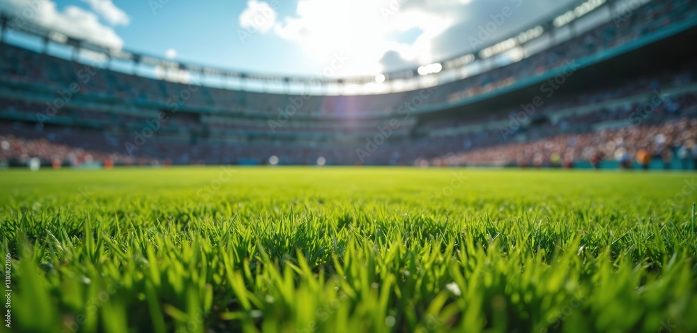 Ground level close-up shot of soccer field turf inside an arena ...