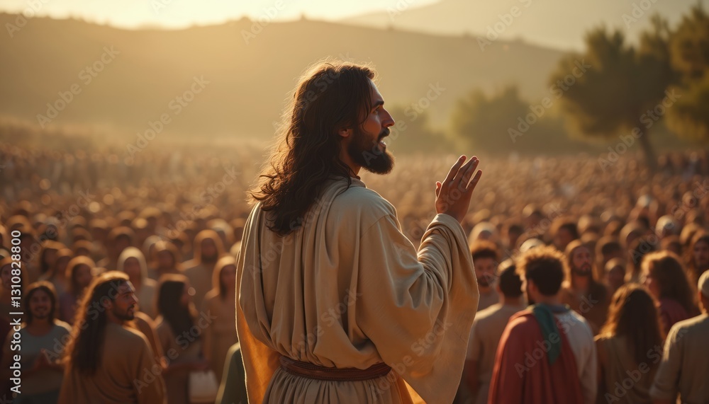 Jesus Christ preaching to a large crowd in outdoor setting. Religious ...