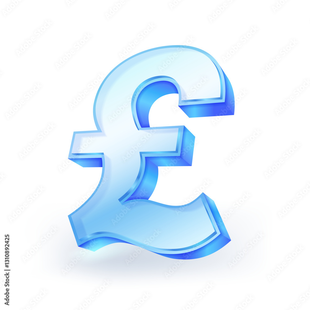 British pound currency symbol icon made of 3D blue transparent glass ...