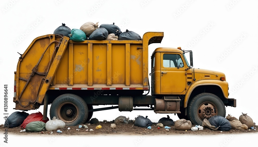Foto de Stock Worn yellow refuse truck full of trash bags stands by ...