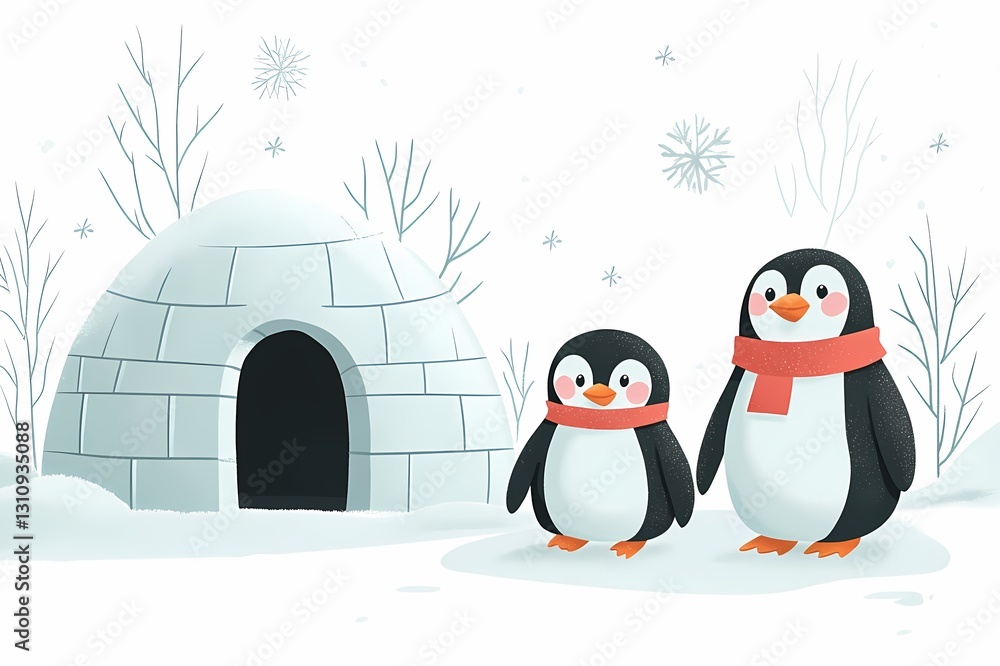 couple penguins celebrating winter with snowy background and igloo ...
