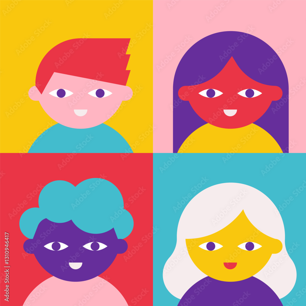 Vector flat illustration. 4 cartoon children have different gender ...