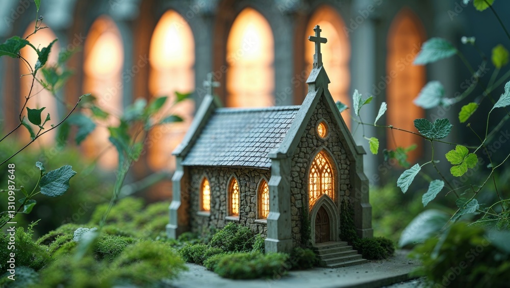 Miniature church model with glowing windows surrounded by greenery ...