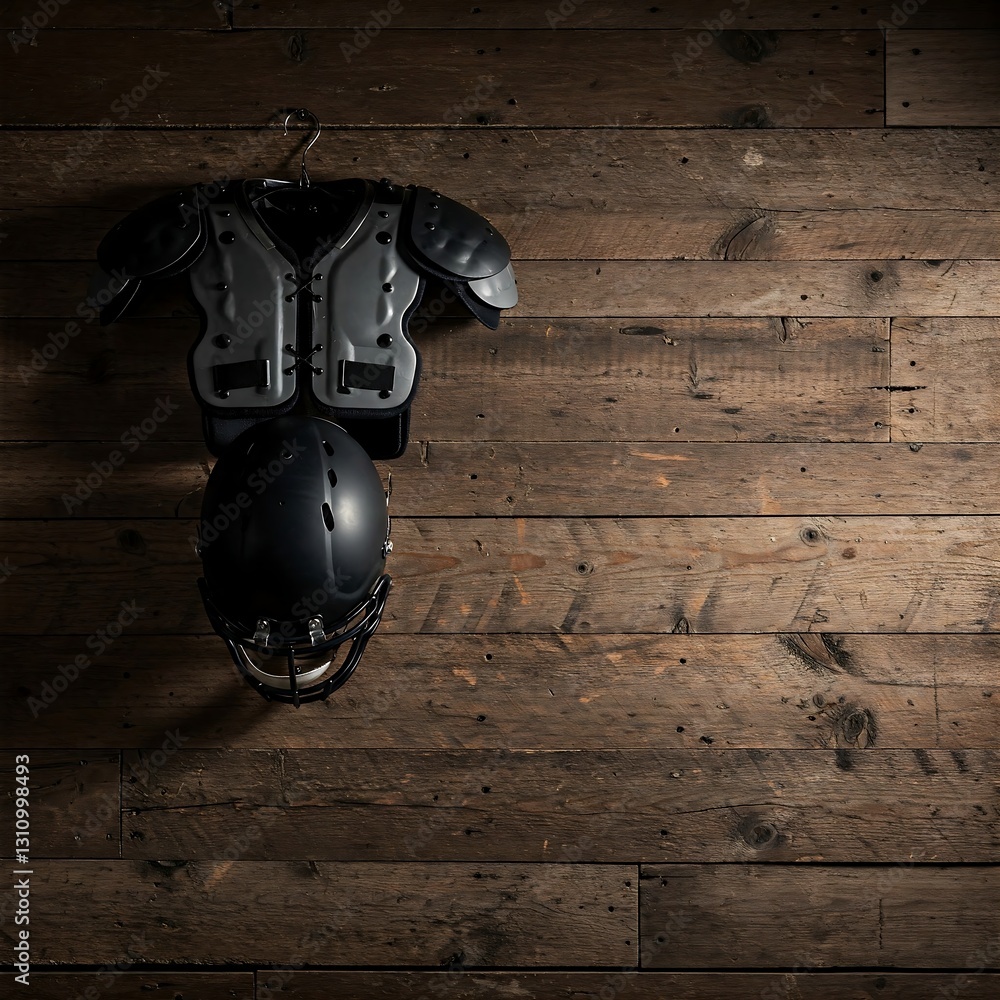 Foto de Stock Football helmet and shoulder pads hung on a reclaimed ...