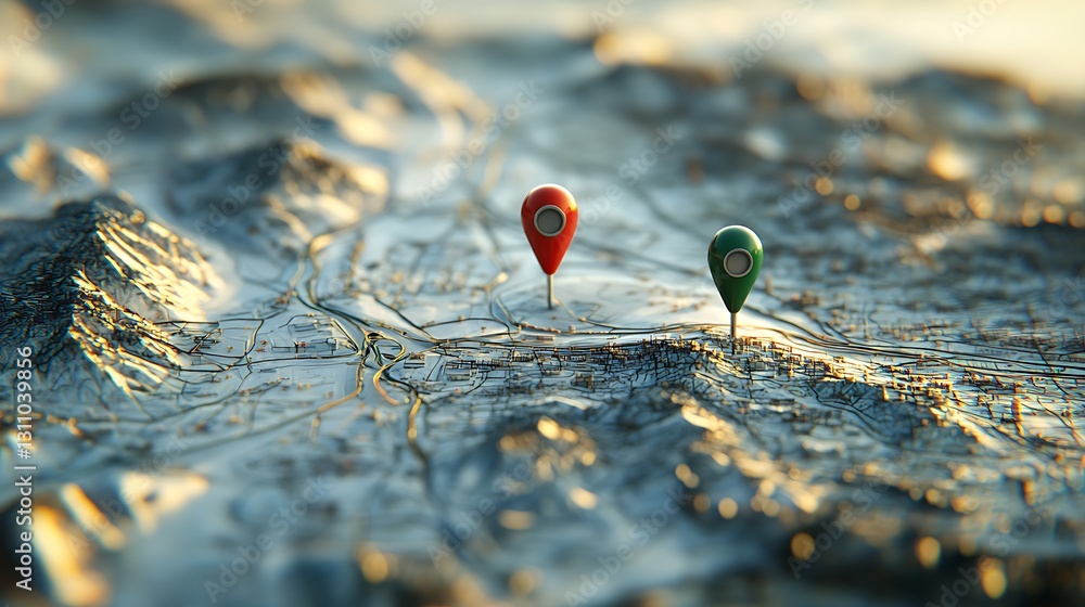 3D Topographic Map with Location Pins, A 3D topographic map featuring ...