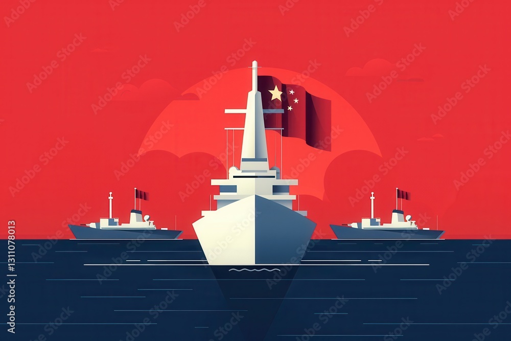 fleet of military ships sails under red sky, with prominent flag on ...