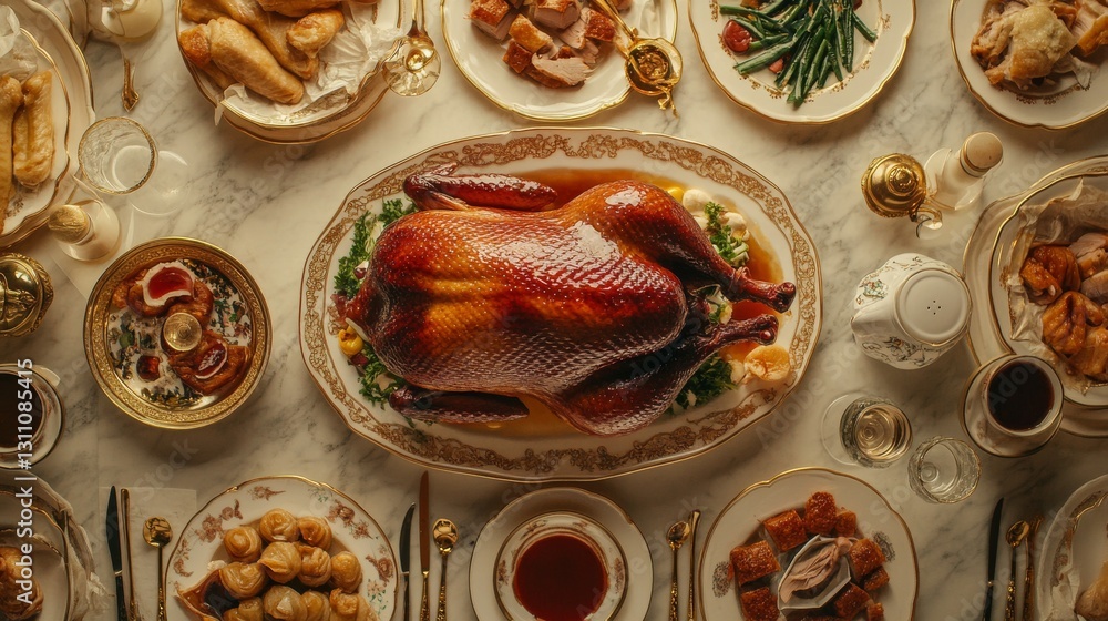 Overhead three-quarter view of whole Peking duck presentation, skin ...