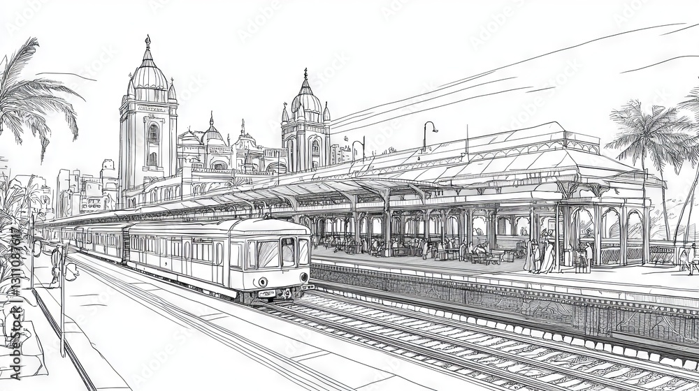 Sophisticated Mumbai heritage line illustration, CST Station Gothic ...