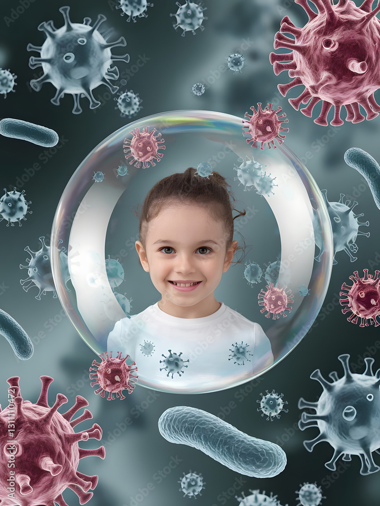 A cheerful child sits inside a transparent bubble, smiling brightly ...