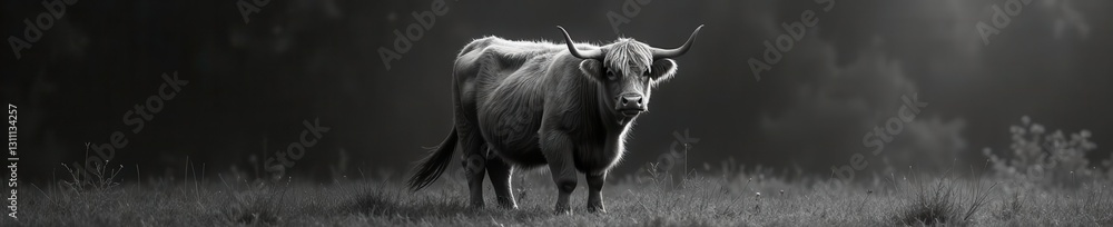 Highland cow, striking black & white study, stark background, scotland ...