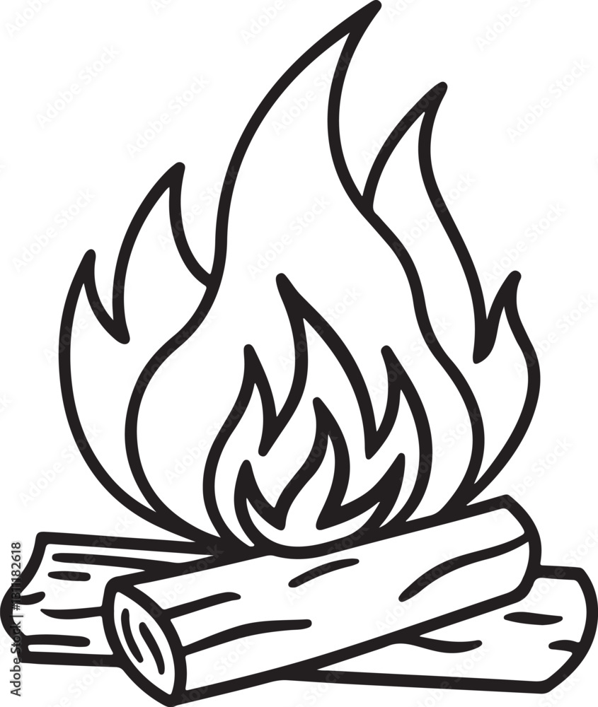 burning wood line art, black outline, vector and illustration, coloring ...