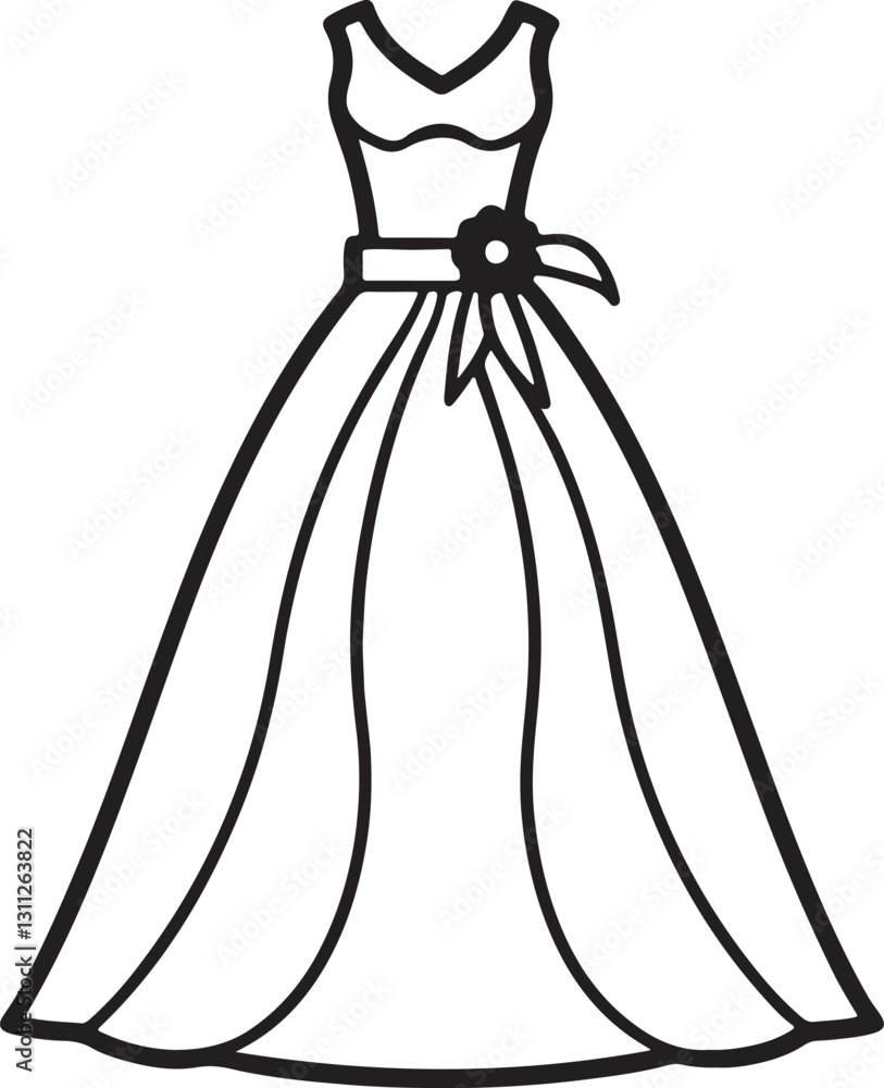 bridal dress line art, black outline, vector and illustration, coloring ...