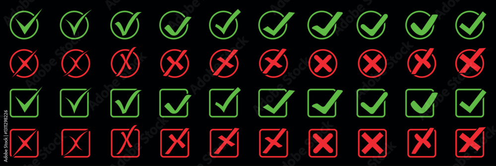 Check mark icon button set. Check box icon with right and wrong buttons, yes or no checkmark ...