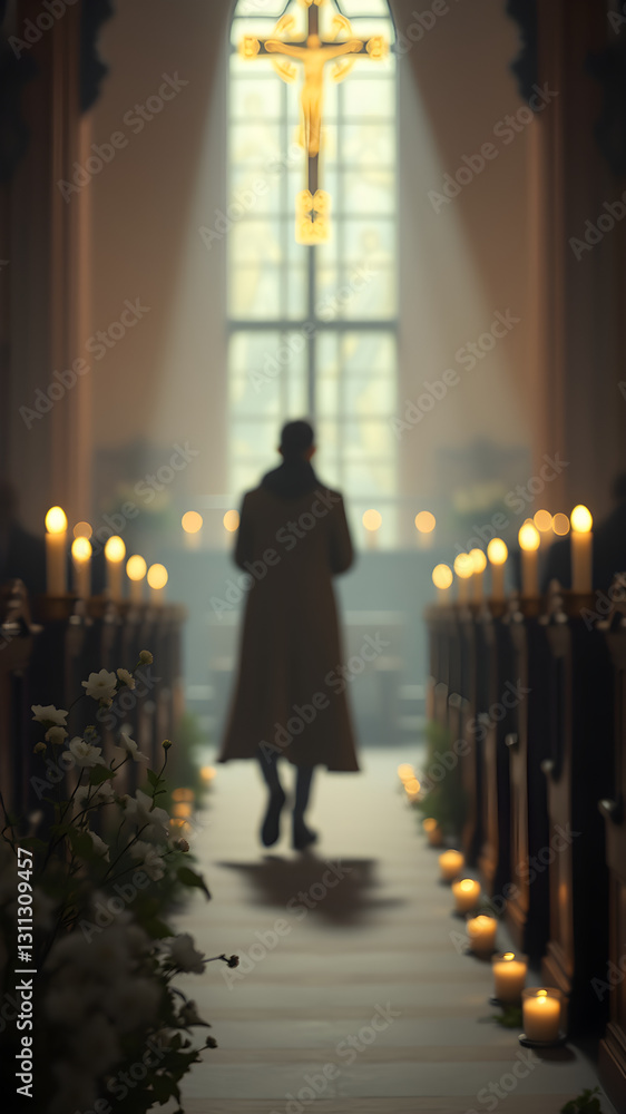 Stations of the Cross Walk. Reflective figure, candlelit path. Quiet ...