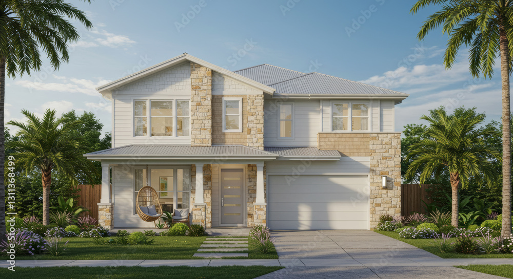 Foto de Stock Modern House Front View Exterior Design, 3d rendering ...
