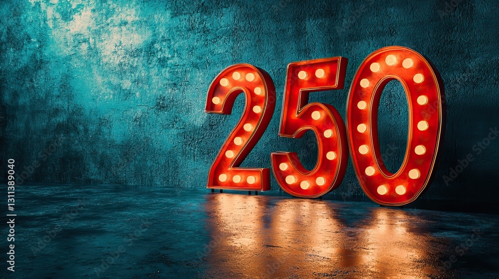 Illuminated Red Number 250 with Vintage Marquee Lights on Textured Blue ...
