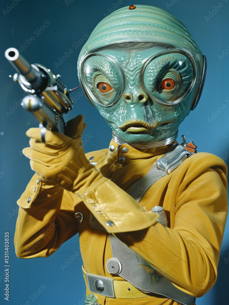 Retro male green space alien with space suit and ray gun 1960s color tv ...