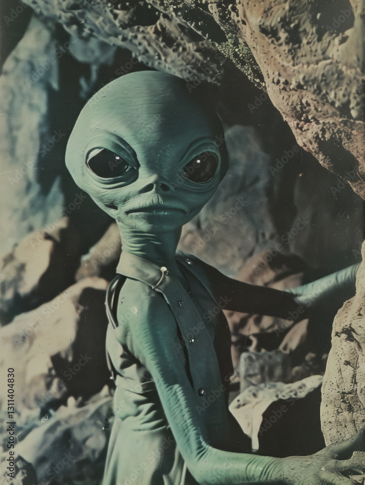 Stock-Foto „Retro male green space alien on extra terrestrial planet ...