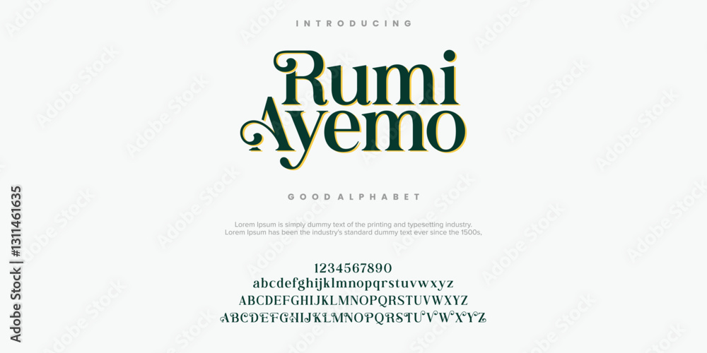 Rumi Ayemo Serif classic design font vector illustration of alphabet ...