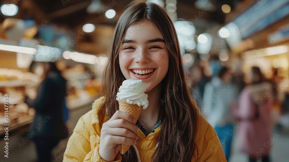 Happy Teen Girl Enjoying Ice Cream at a Market Stock Photo | Adobe Stock