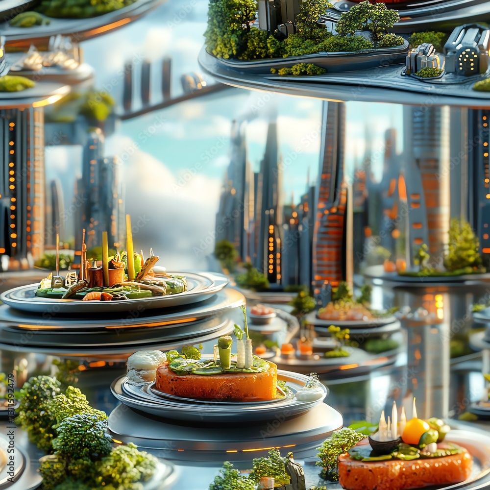Futuristic cityscapes built on giant plates, showcasing a unique blend ...