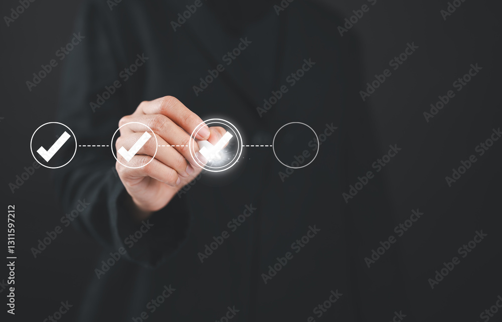 Interactive Workflow Progress and Achievement. Woman Using Digital ...