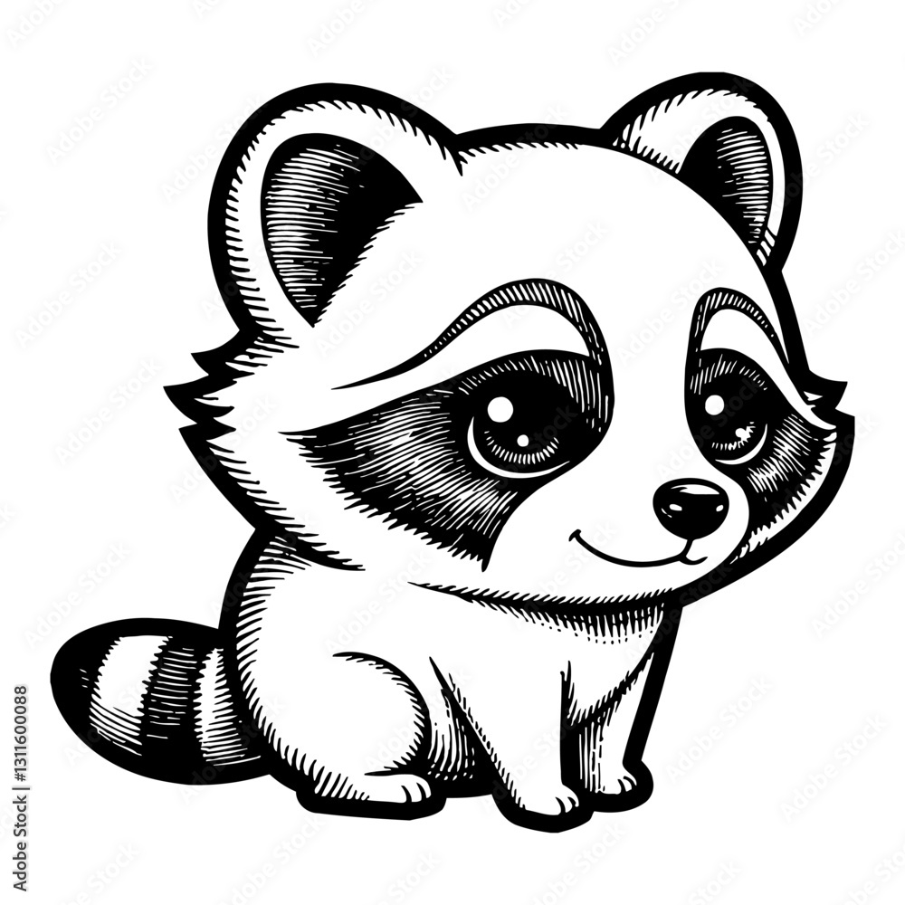 Cute Chibi Cartoon Raccoon Sitting with Smiling Face Black and White ...