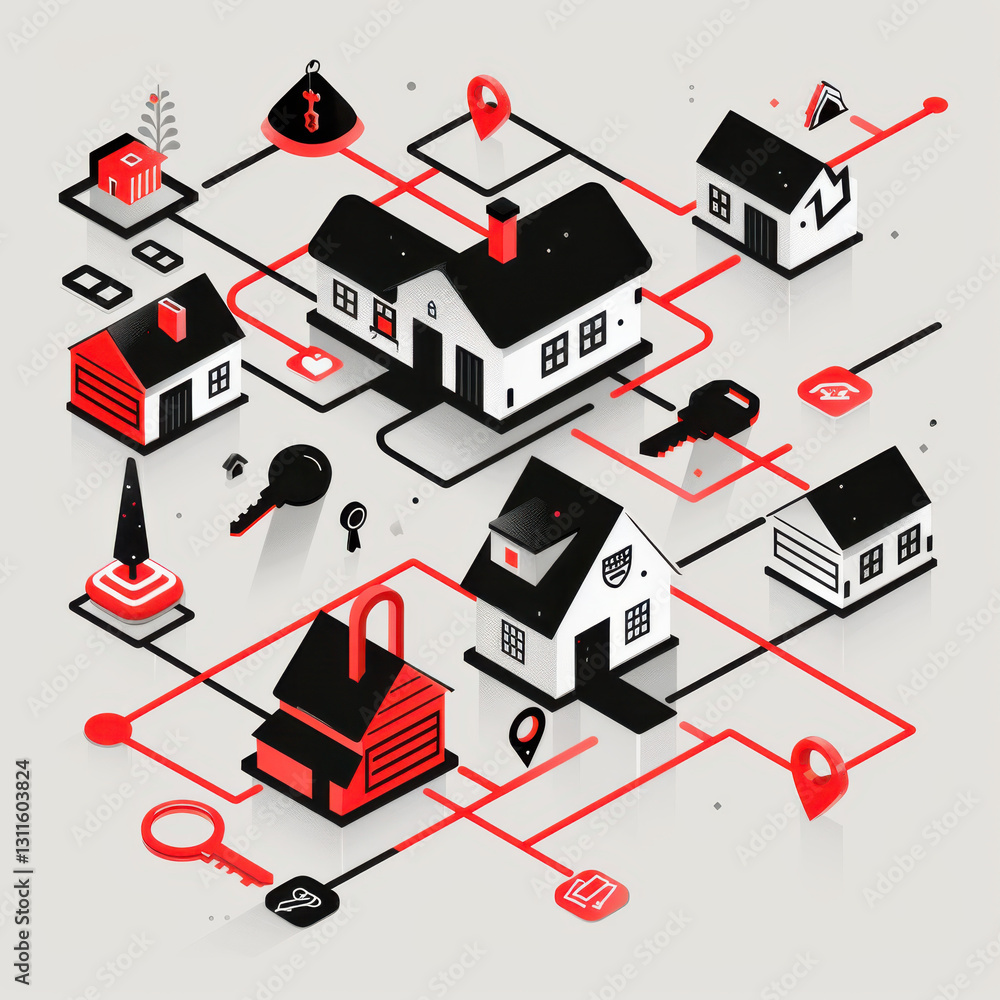 Stylized illustration of houses connected by pathways, featuring keys ...