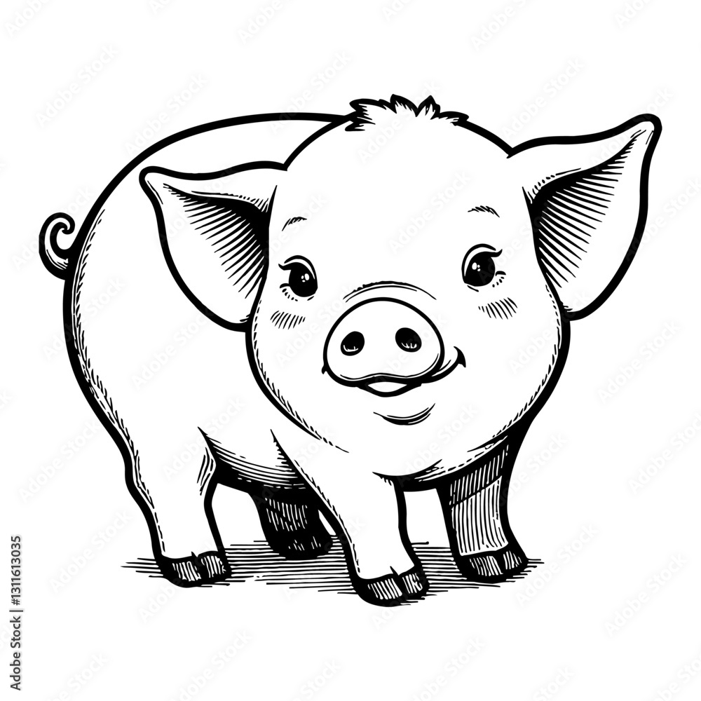 Cute Chibi Cartoon Pig Smiling Front View Detailed Line Art Drawing in ...