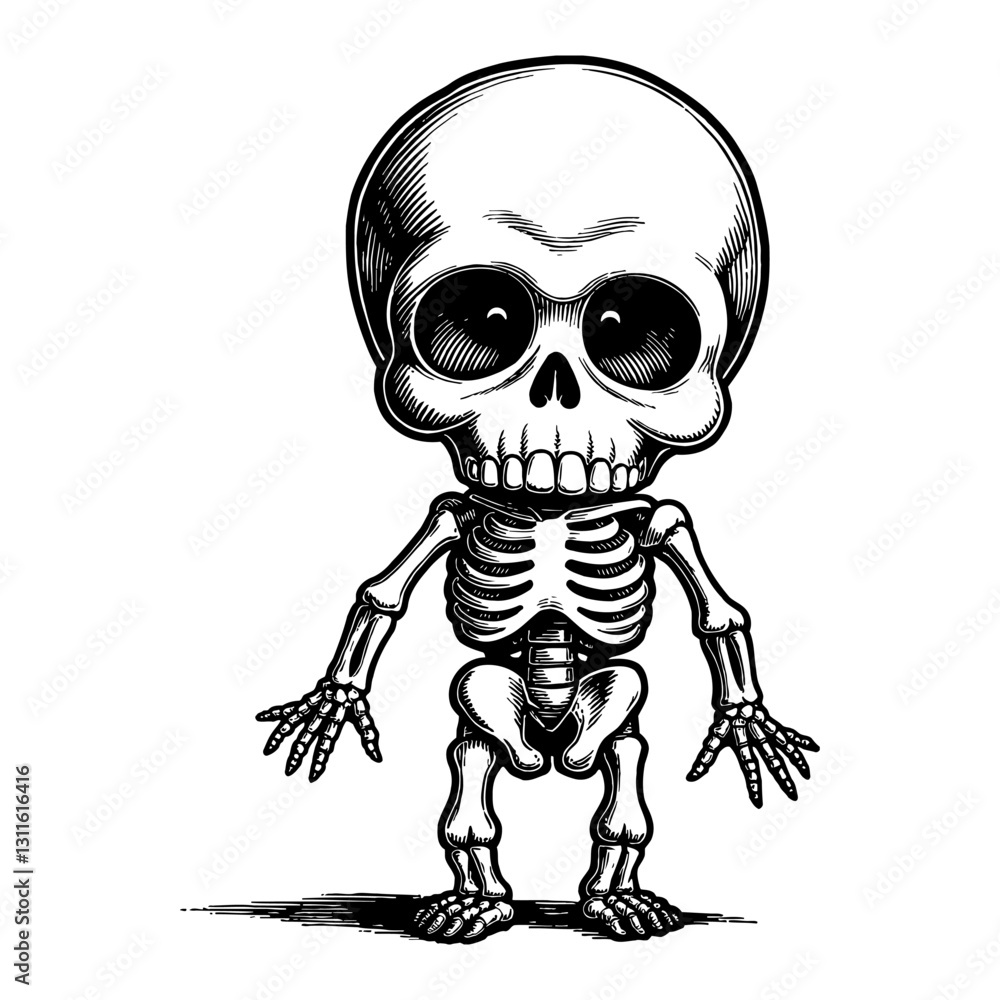 Cute Chibi Cartoon Skeleton Full Body Front View Detailed Black and ...