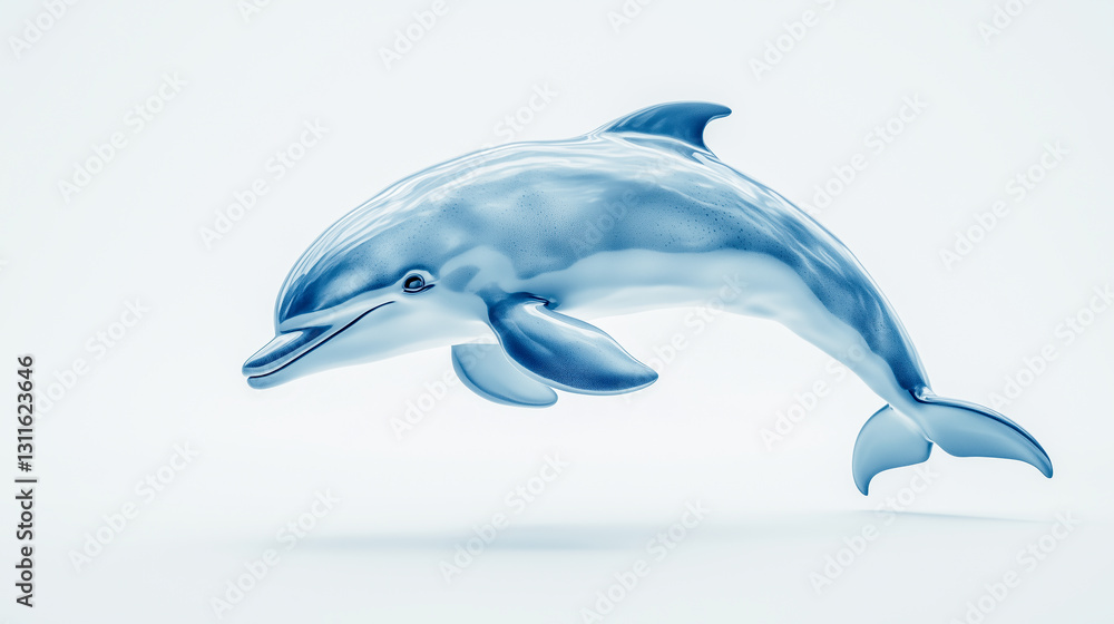 Blue dolphin is depicted in a dynamic, mid-swim pose with its body ...
