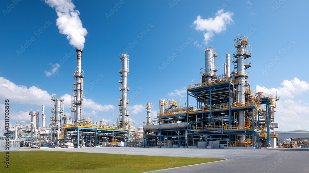 Aerial view of a large scale high tech fuel refinery with multiple ...