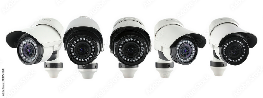 lineup of five security cameras. showcasing different designs and lens ...