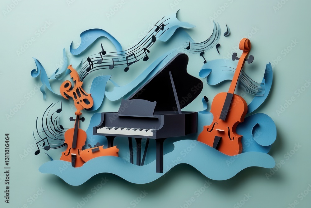 Musical notes flow around a grand piano and instruments in a dynamic ...