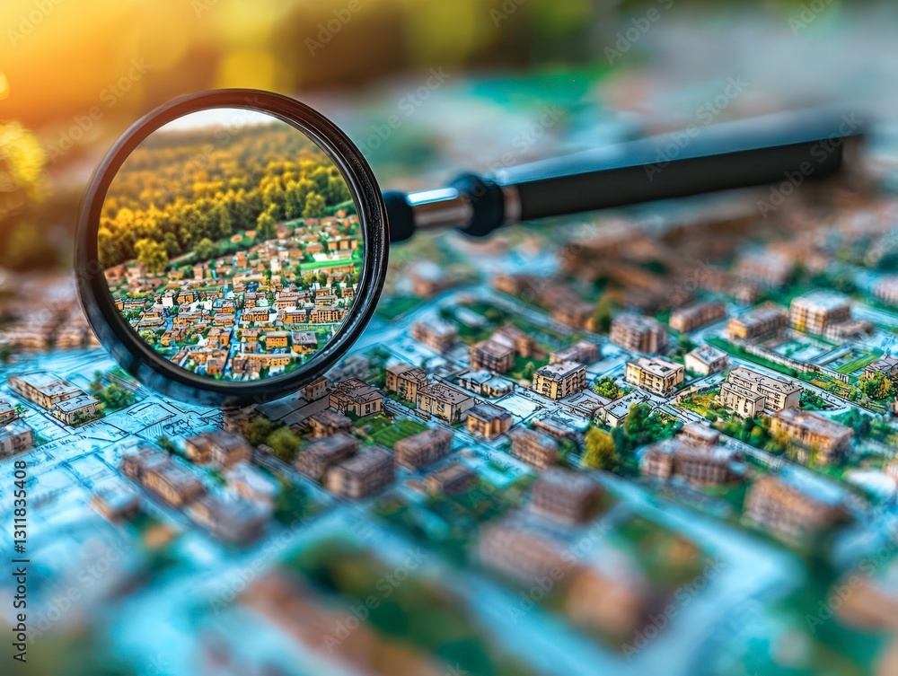 magnifying glass zoom detailed map of a city with streets landmarks ...
