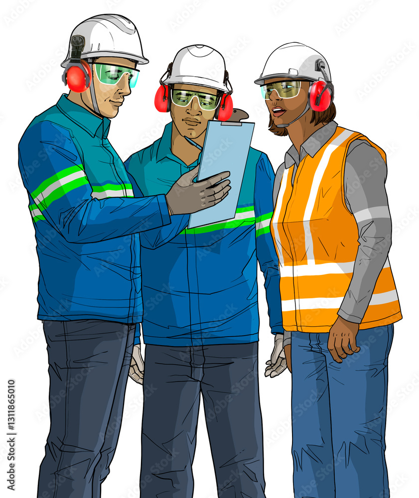 Group of people, safety engineers, talking in meeting, filling out a ...