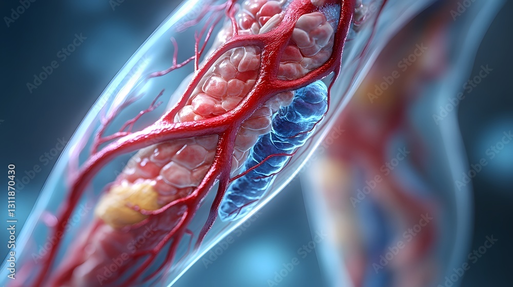 Blood flow restriction inside a human leg, 3D close-up rendering of ...