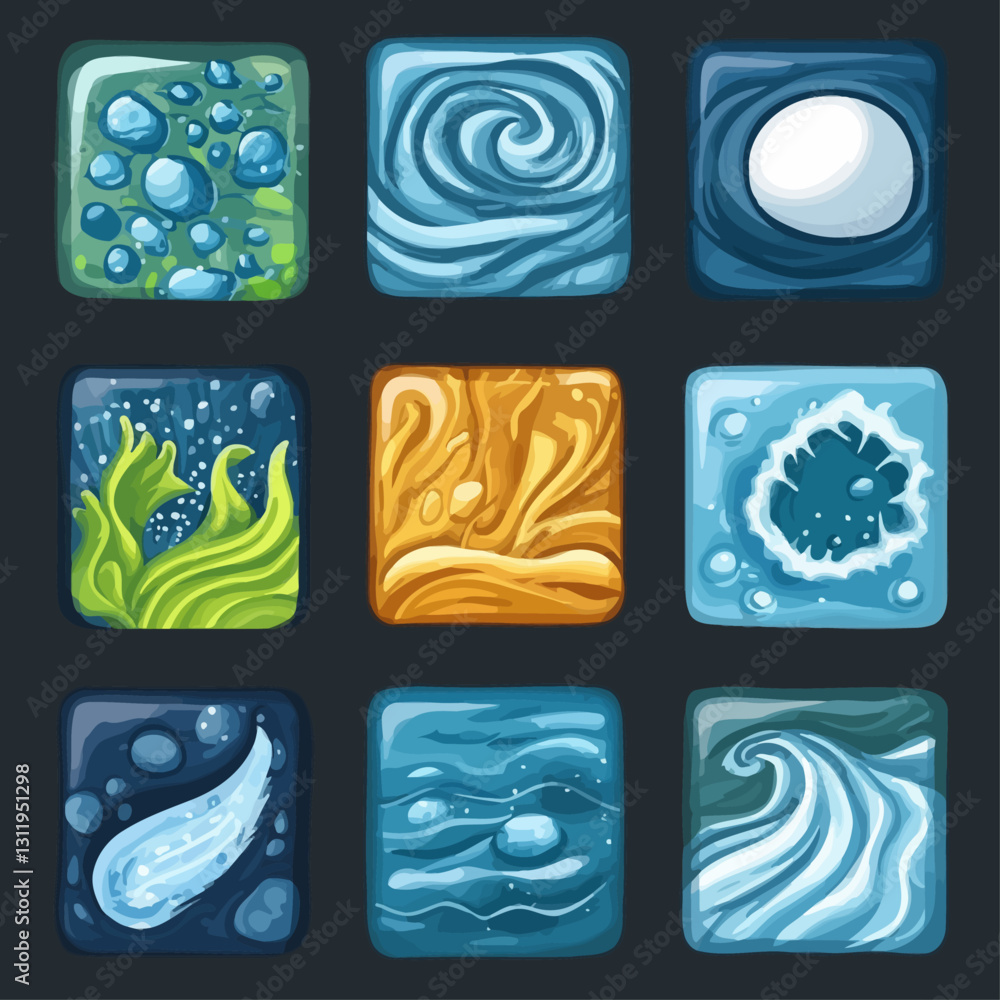 Variety of Cartoon Water Icons Representing Sea, Ocean, River, Elements ...