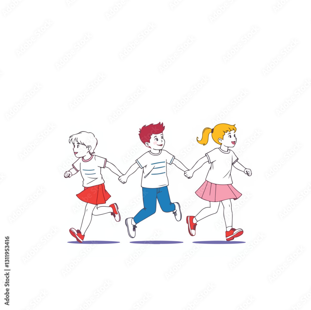 continuous single line drawing of three young kids running hand in hand ...