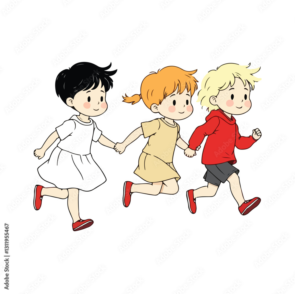 continuous single line drawing of three young kids running hand in hand ...