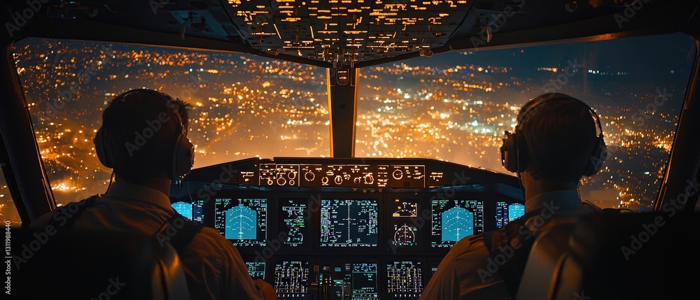 Cockpit view of commercial aircraft pilots analyzing aviation safety ...