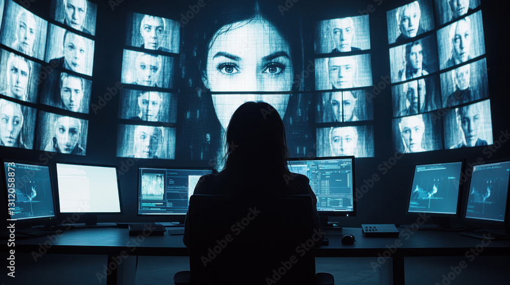 Woman monitoring multiple screens in a high-tech surveillance control ...