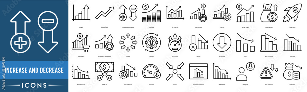 Increase and Decrease icon set. Growth, Upward Trend, Increase and Decrease, Profit Rise, Bar ...