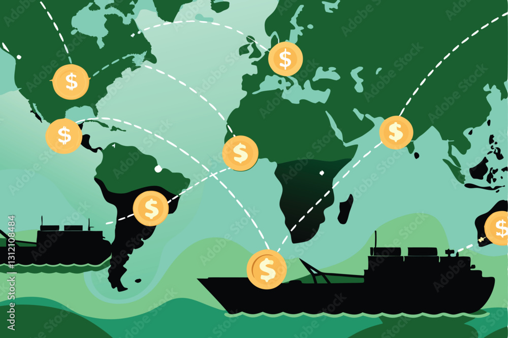 Generate a detailed world map visualizing global trade routes ...