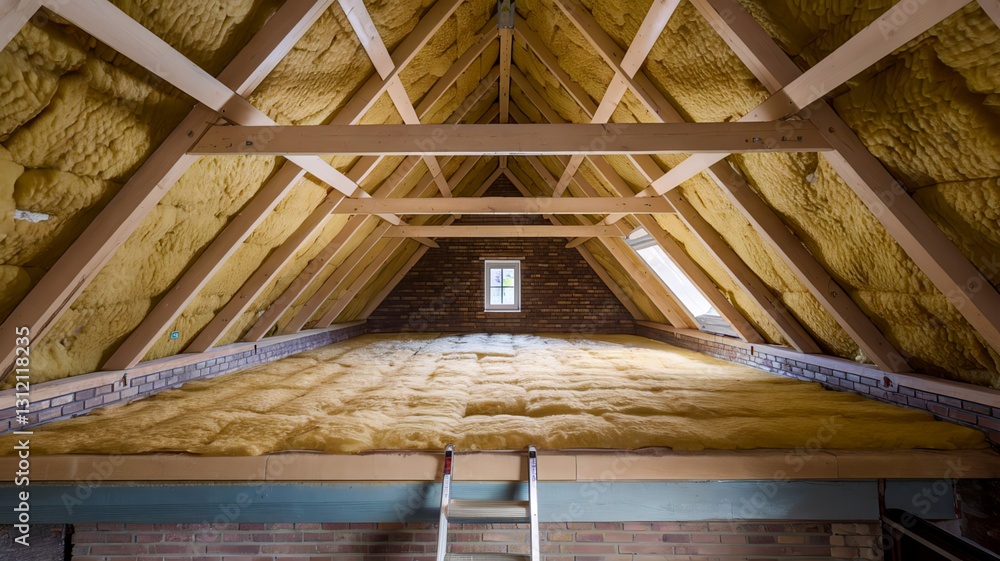 Loft insulation, glass wool, House thermal insulation with mineral wool ...