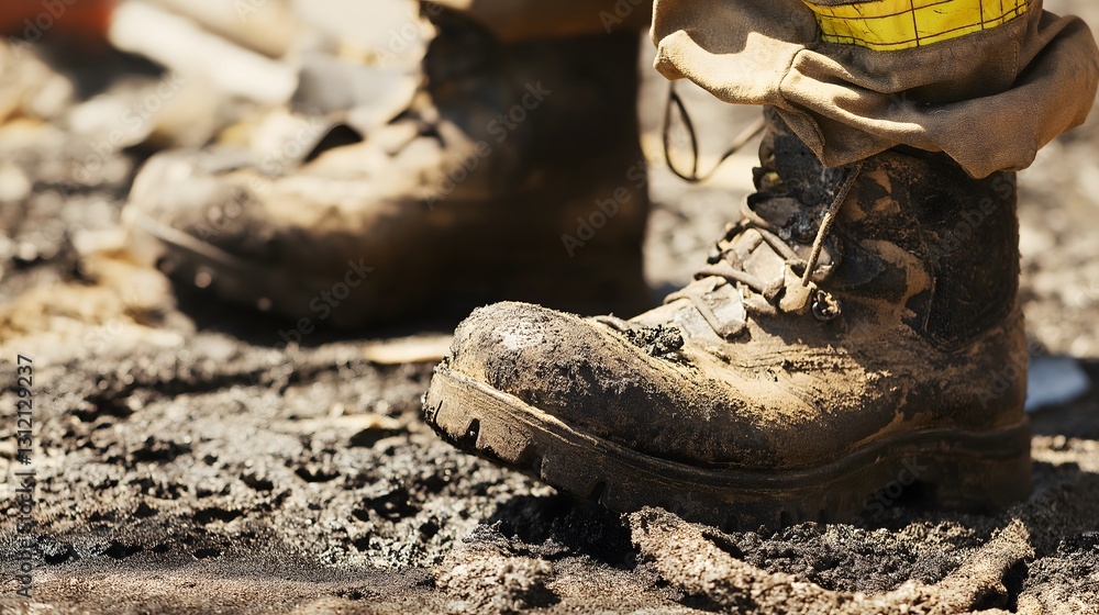 Muddy firefighter boots covered in ash and debris standing on charred ...